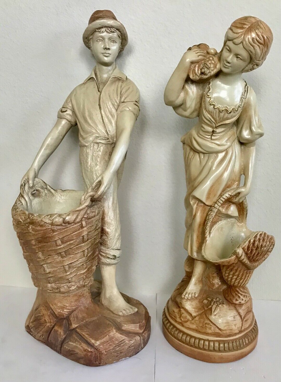 Marwal Ind Inc Pair Boy & Girl With Basket and Tray Chalkware Statues ...