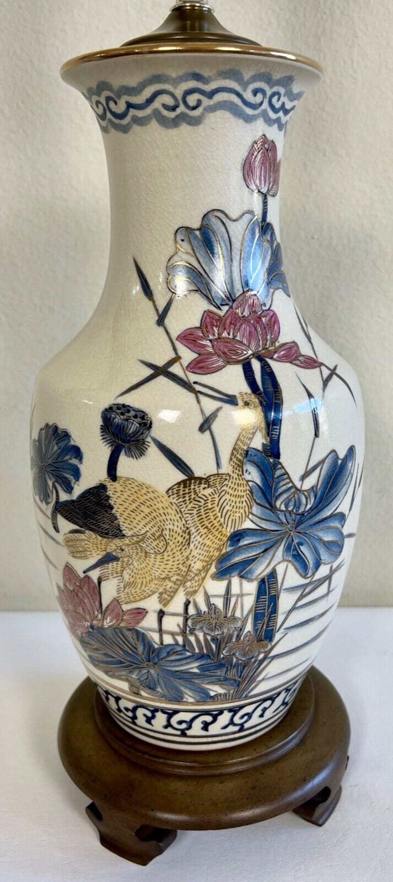 1980s Murray Feiss Crackle Porcelain Crane and Tulips Table Lamp ...