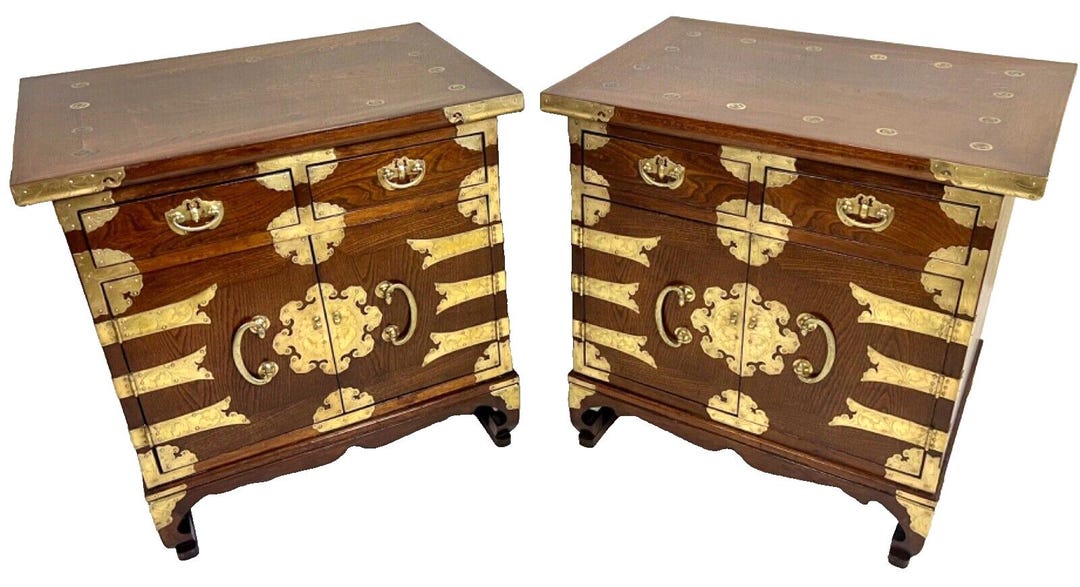 Early 20th-c Tansu Elm Wood and Brass Nightstand / Side Table, a Pair ...