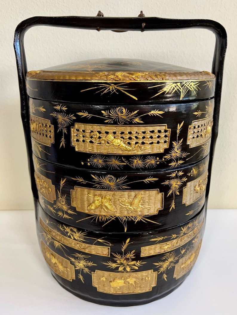 Chinoiserie Black Lacquered Stacking Lunch Box - Etsy