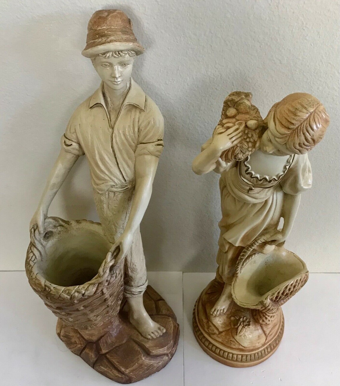 Marwal Ind Inc Pair Boy & Girl With Basket and Tray Chalkware Statues ...