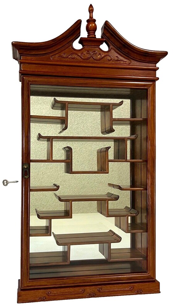 Mid century Chinese Carved Rosewood Wall Mounted Curio Display Cabinet Etsy