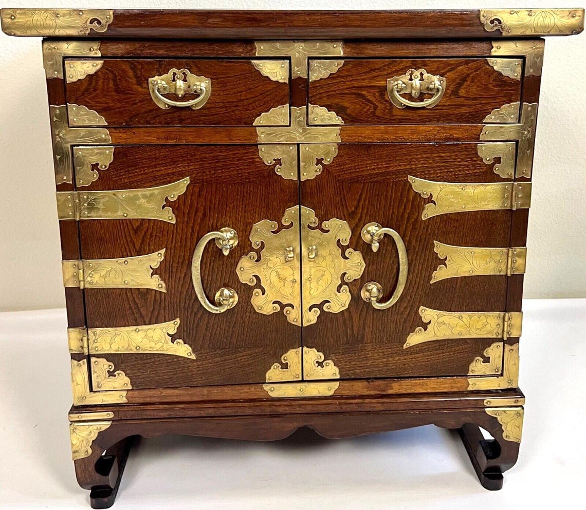 Early 20th-c Tansu Elm Wood and Brass Nightstand / Side Table, a Pair ...