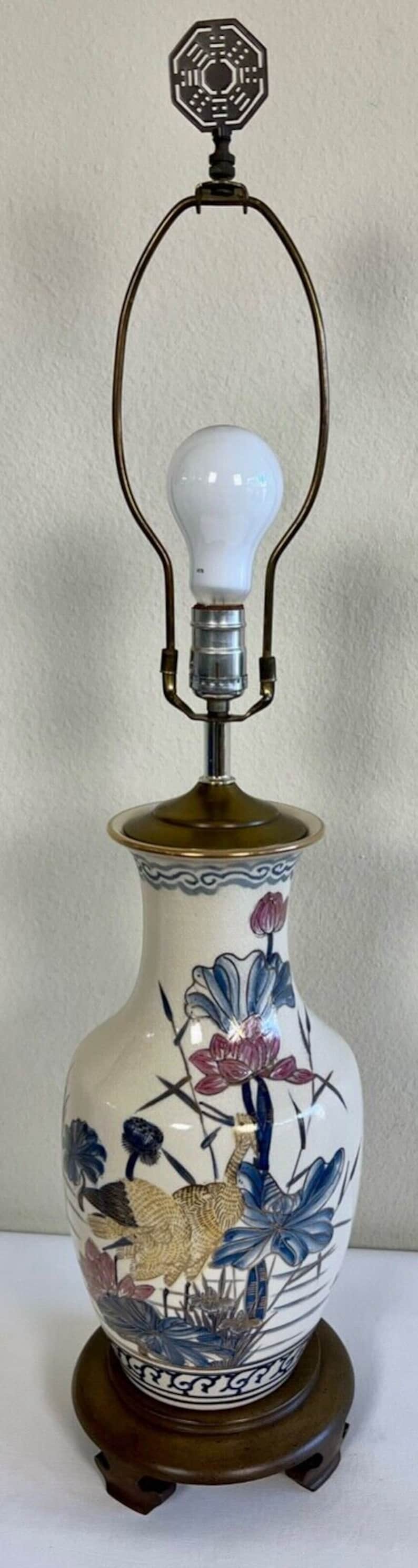 1980s Murray Feiss Crackle Porcelain Crane and Tulips Table Lamp ...
