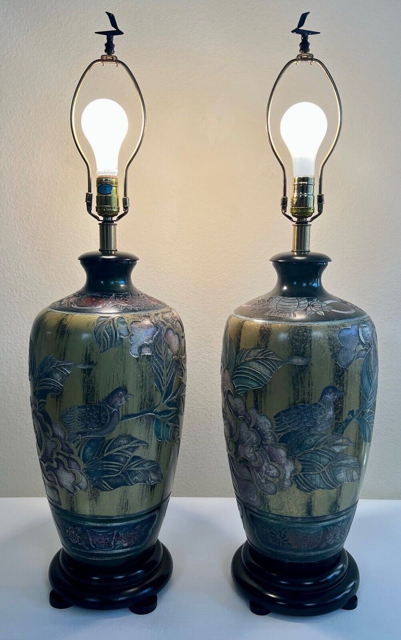 Chinese Carved Ceramic Floral & Bird Table Lamp A-pair - Etsy