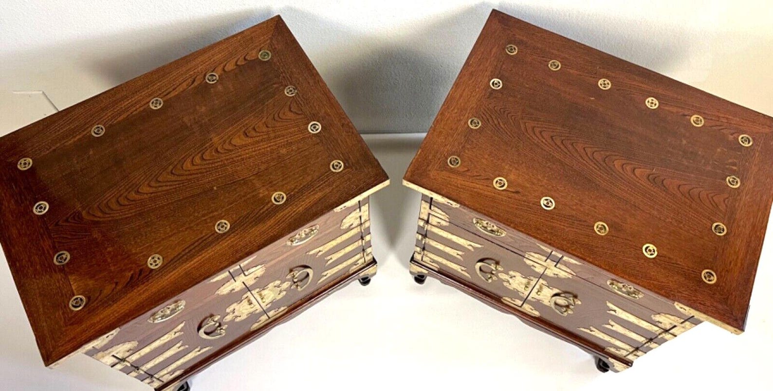 Early 20th-c Tansu Elm Wood and Brass Nightstand / Side Table, a Pair ...