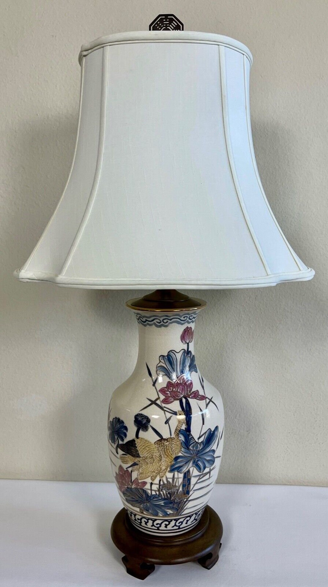 1980s Murray Feiss Crackle Porcelain Crane and Tulips Table Lamp ...