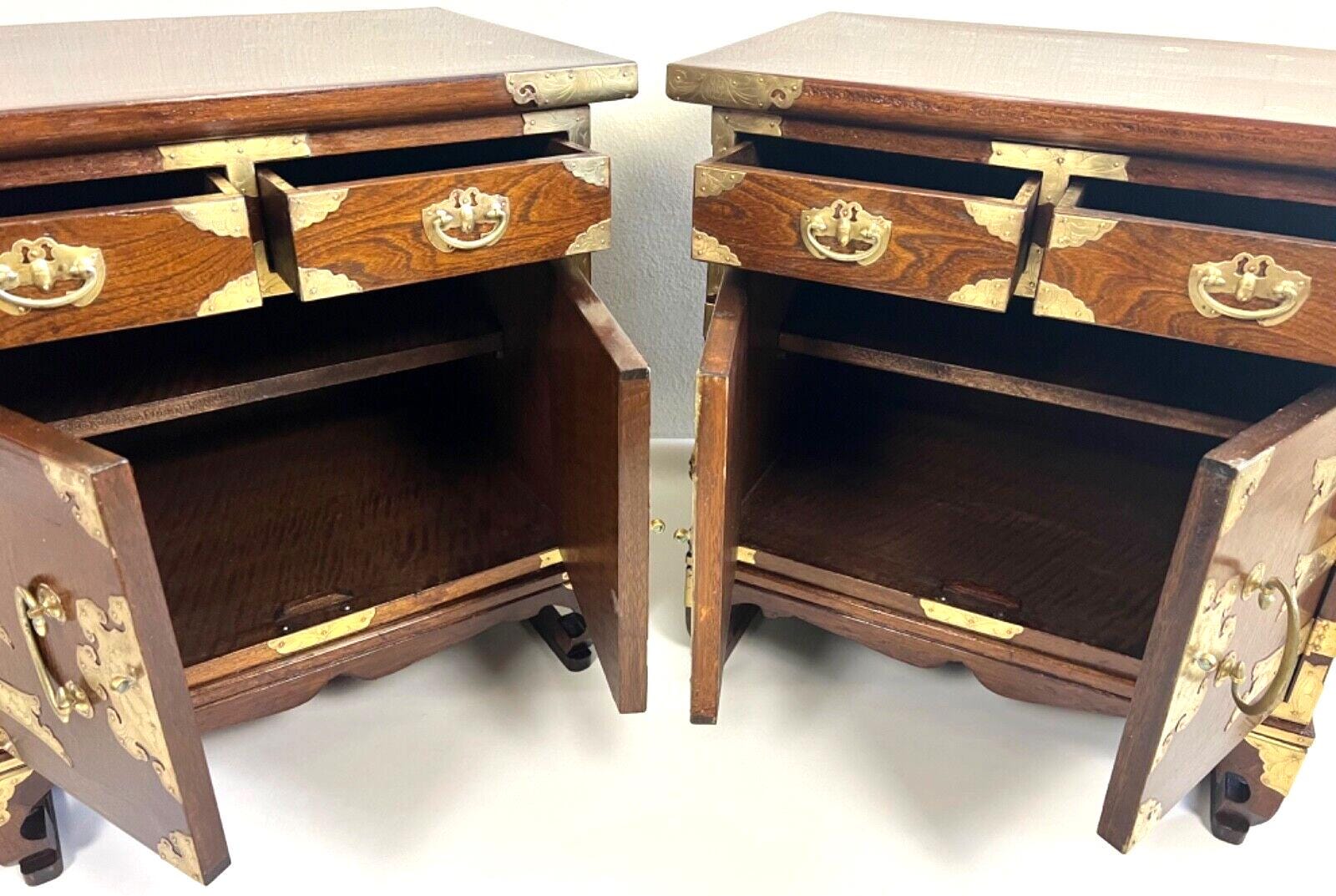 Early 20th-c Tansu Elm Wood and Brass Nightstand / Side Table, a Pair ...