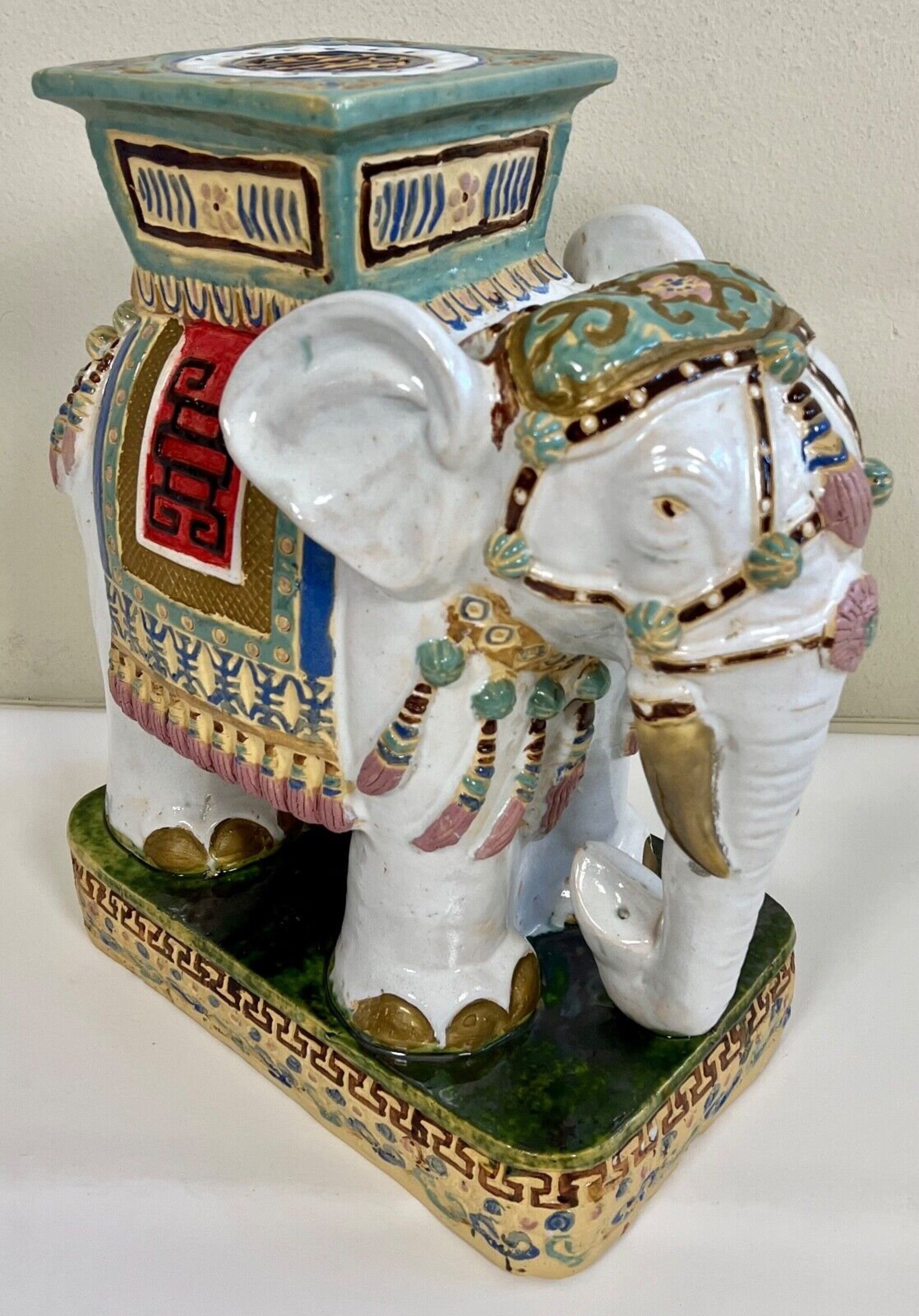 Large Ceramic Hollywood Regency White Elephant Plant Stand / Side Table ...