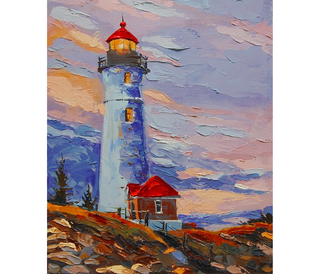 Lighthouse Painting Impasto, Sea Sunset Artwork, Seascape Oil Painting ...