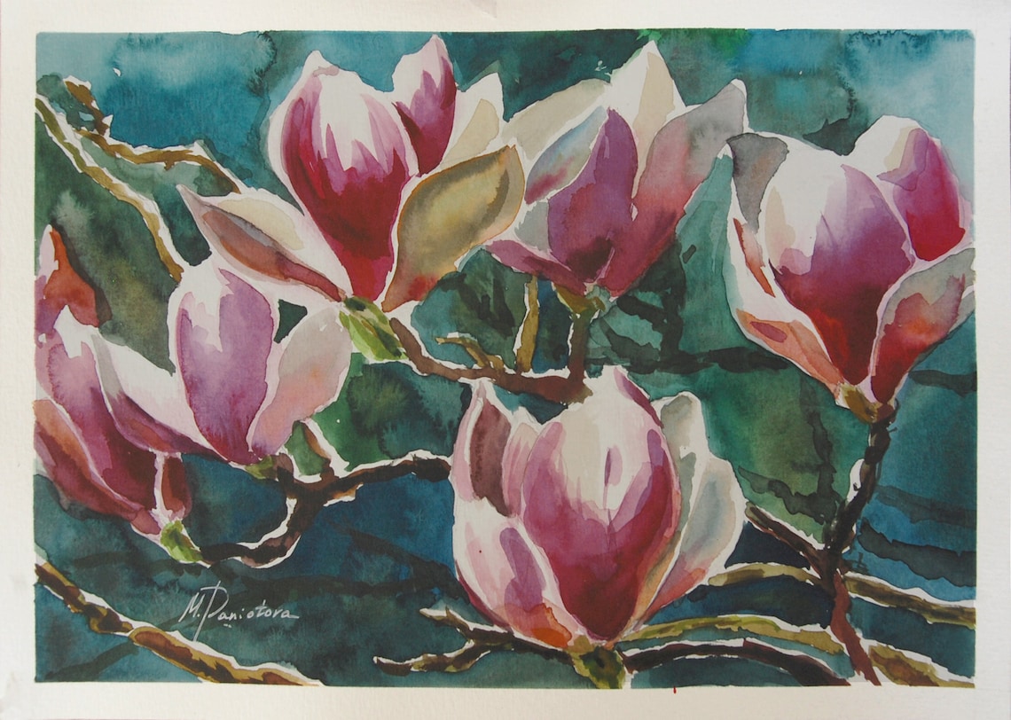 Magnolia Watercolor Painting, Botanical Original Art, Pink Magnolia ...