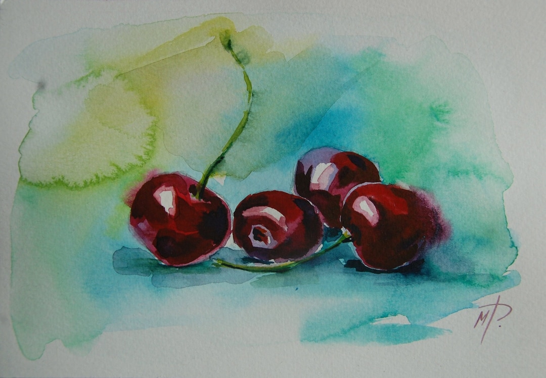 Cherry Still Life Painting, Watercolor Cherry, Cherry Small Painting ...