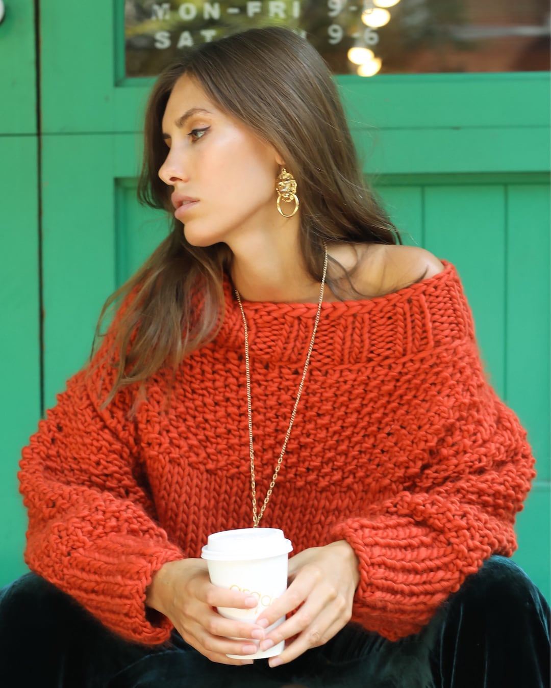 Off-shoulder Chunky Knit Pullover. 100% Merino Wool. Handmade in NYC ...