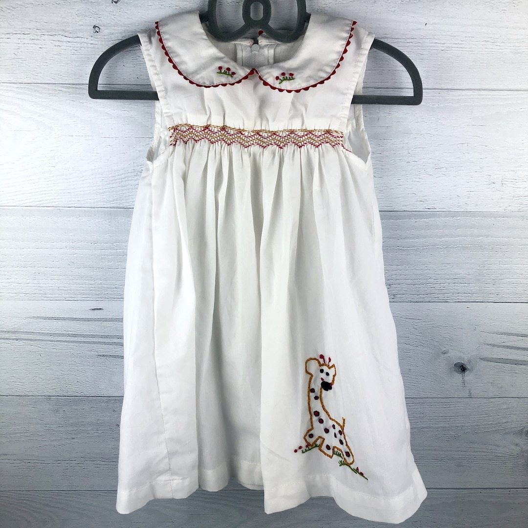 Vintage Smocked White Dress With Embroidered Giraffe on Skirt in Orange ...