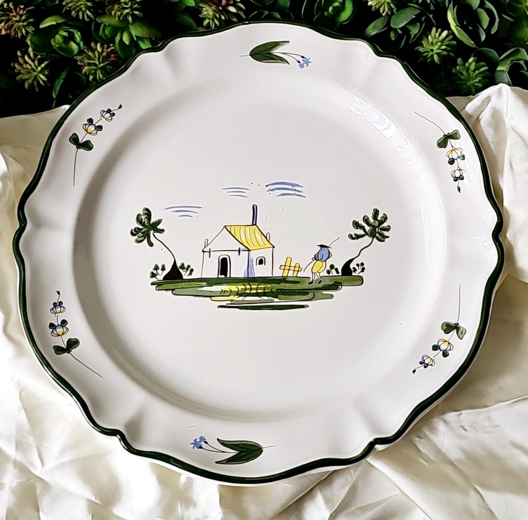 Varages France Cabanon Cottage & Man Green Scalloped Edge 12" Platter ...