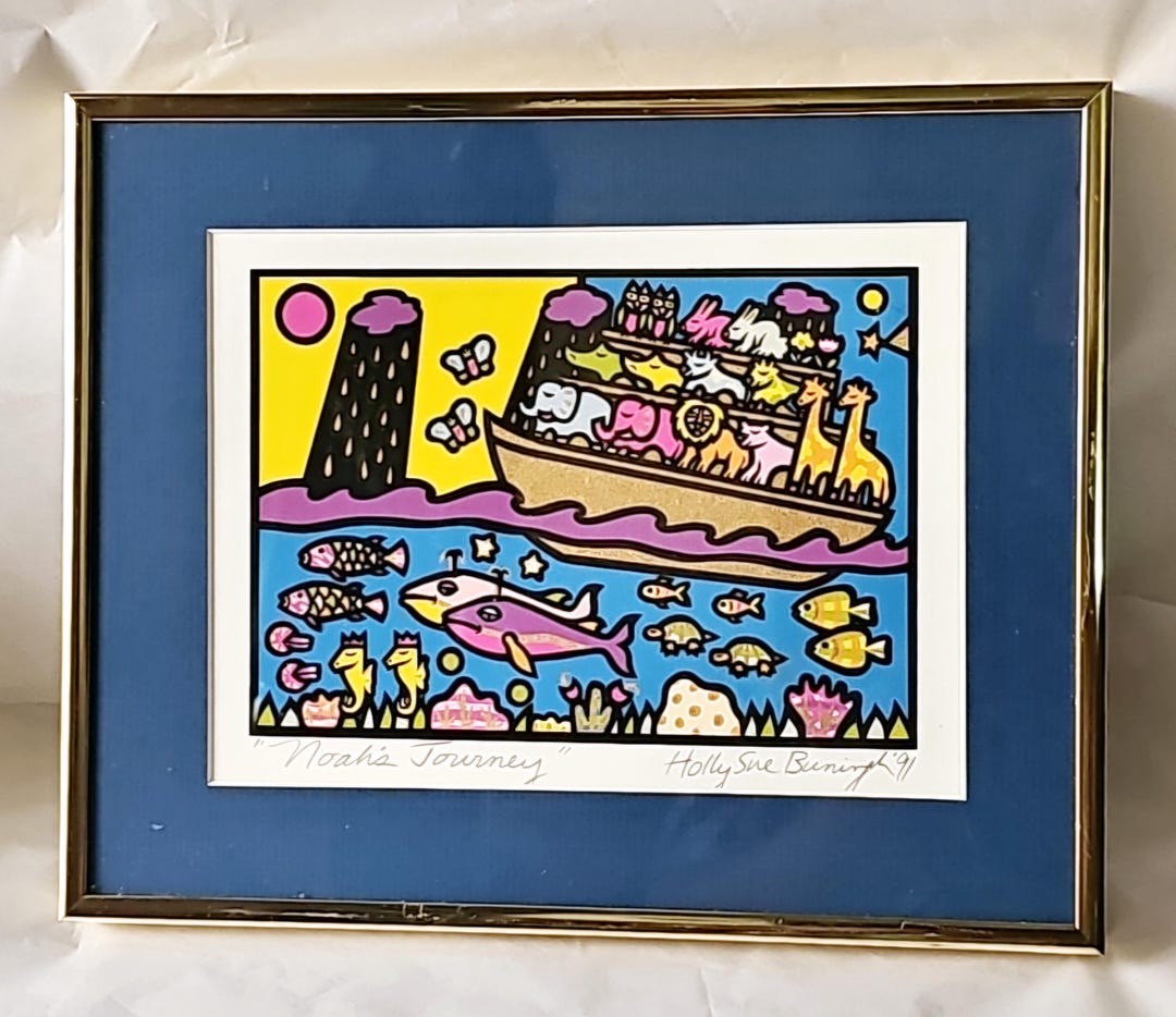 Colorful Holly Sue Buningh Signed & Framed 1991 "noah's Ark Journey" 10x8" Print Kid's Room ...