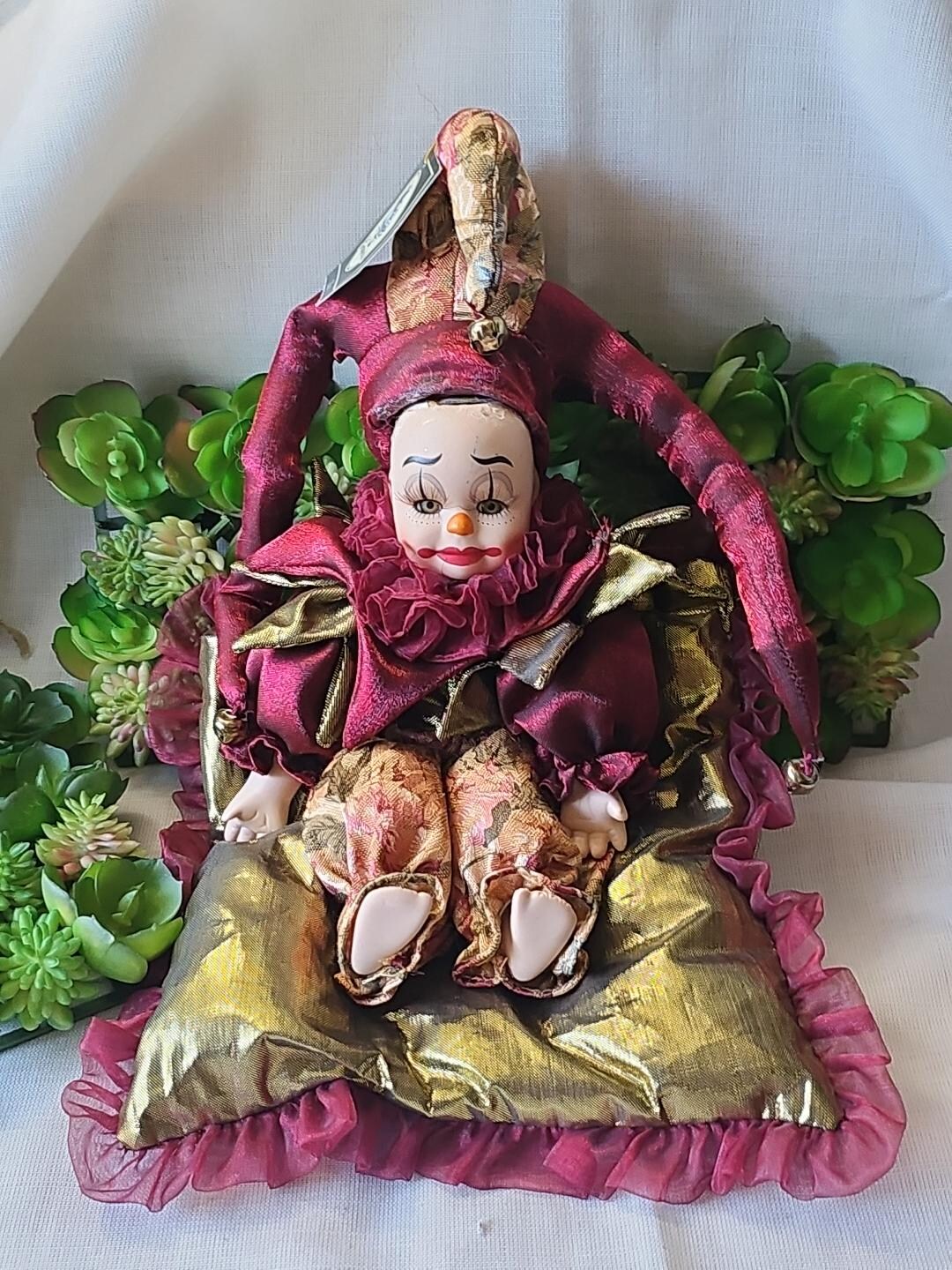 Colorful & Adorable GEPPEDDO Clown Jester Porcelain Doll on Gold Silk ...