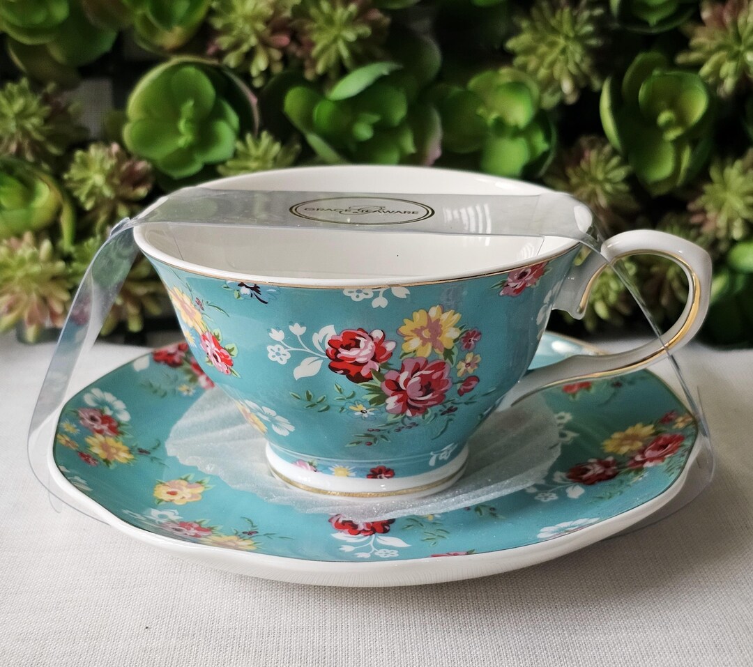 New Grace Teaware Aqua Blue Shabby Chic Floral Fine Porcelain Tea Cup ...