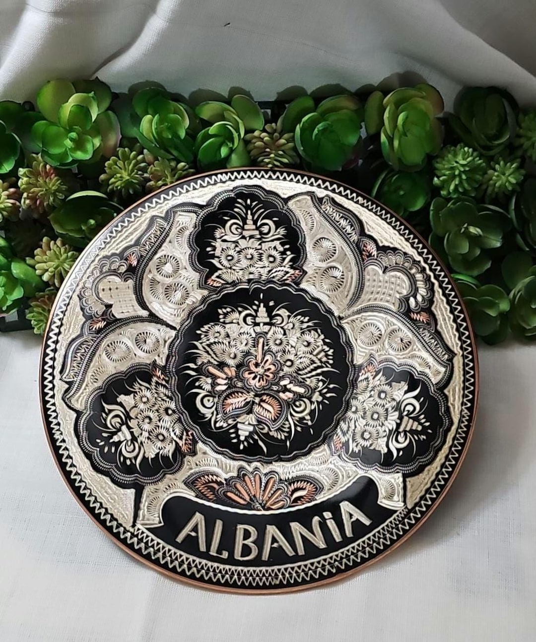 Vintage ALBANIA Floral Engraved Tin Copper Metal Wall Decor Souvenir 10 ...
