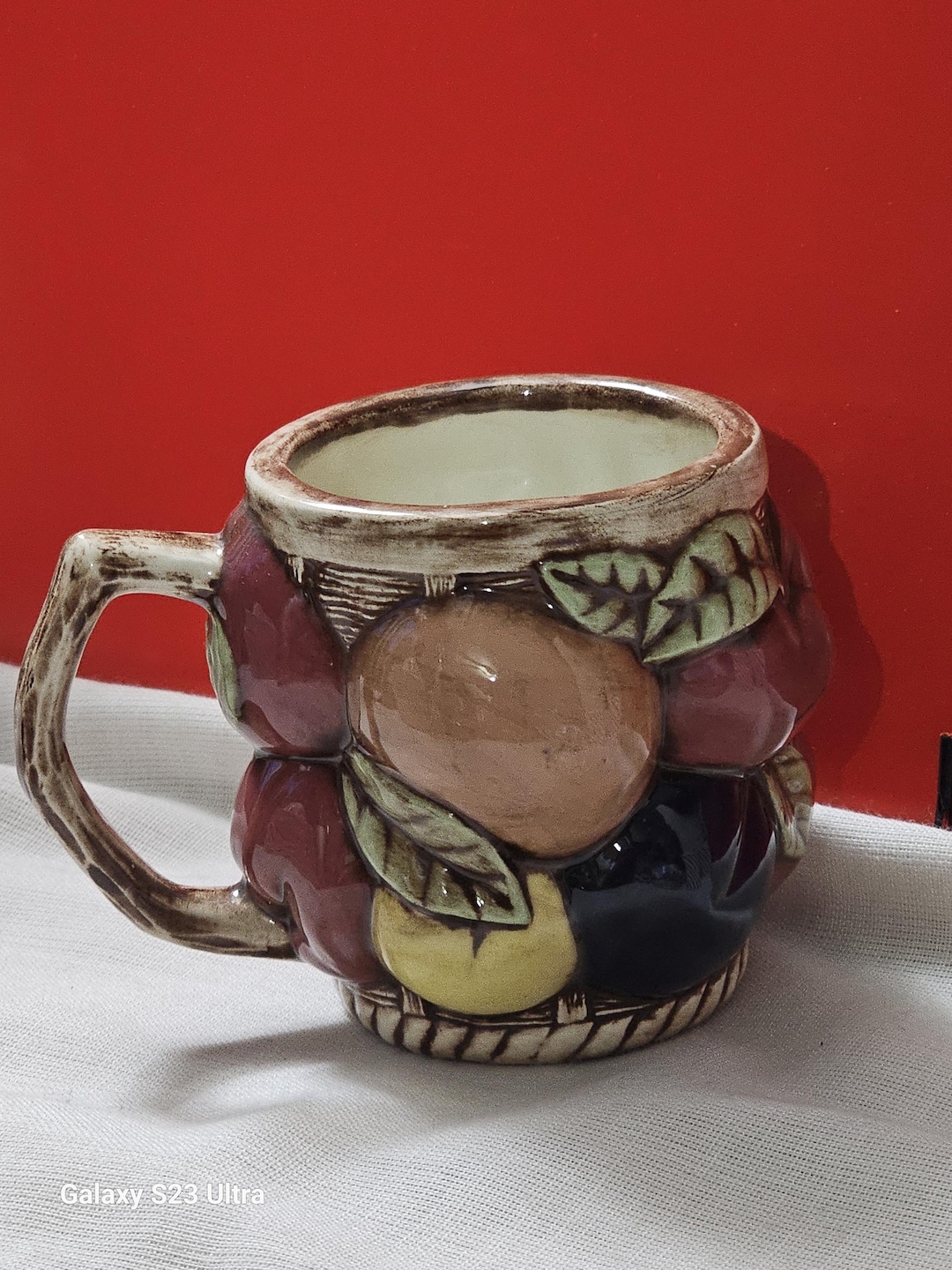 1974 Signed RJS Studio Pottery Glazed Majolica Fruit Design Coffee Mug ...