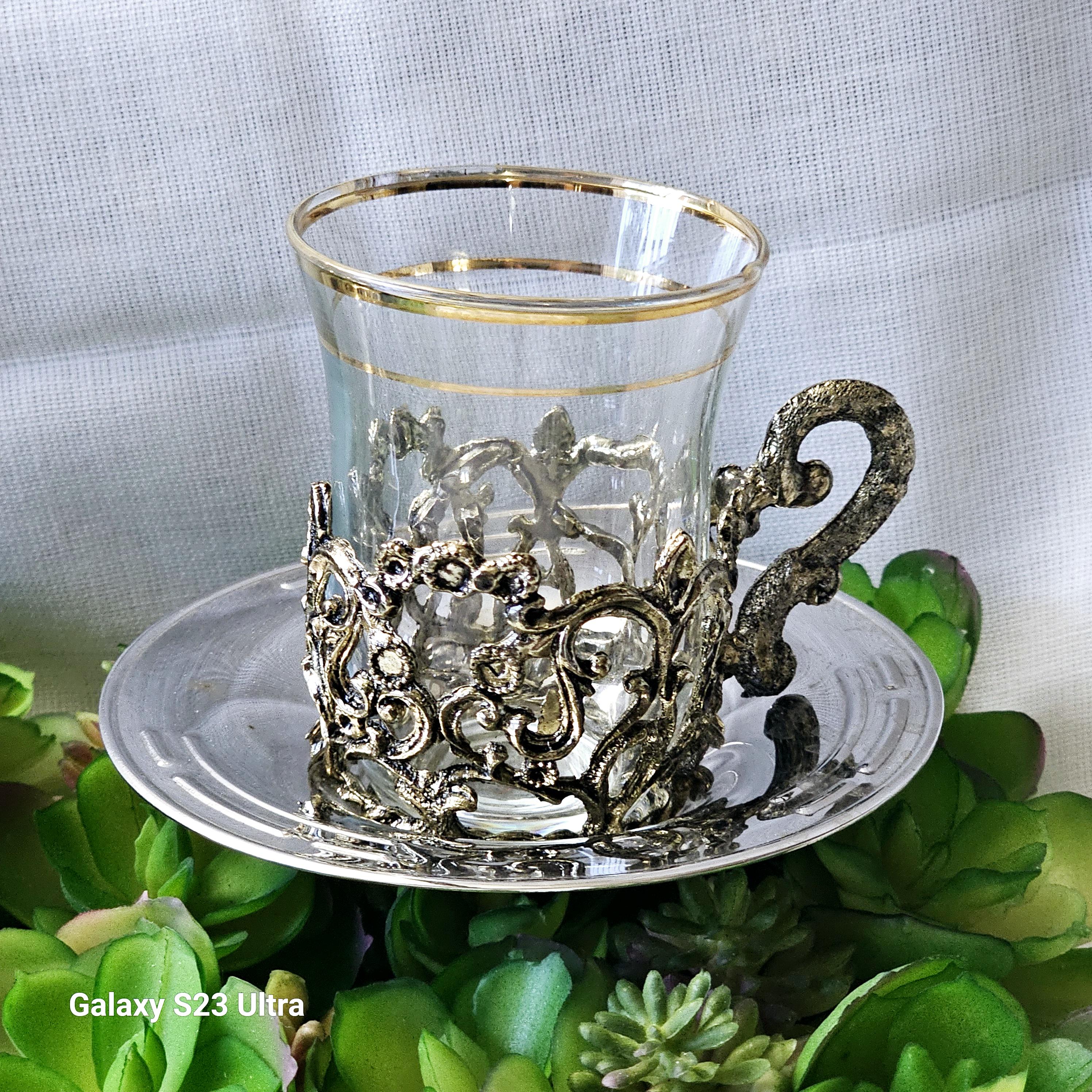 2 Sets Turkish Tea Coffee Glass Cup and Elegant Pewter Metal Holder With Silver Saucer Plate Etsy