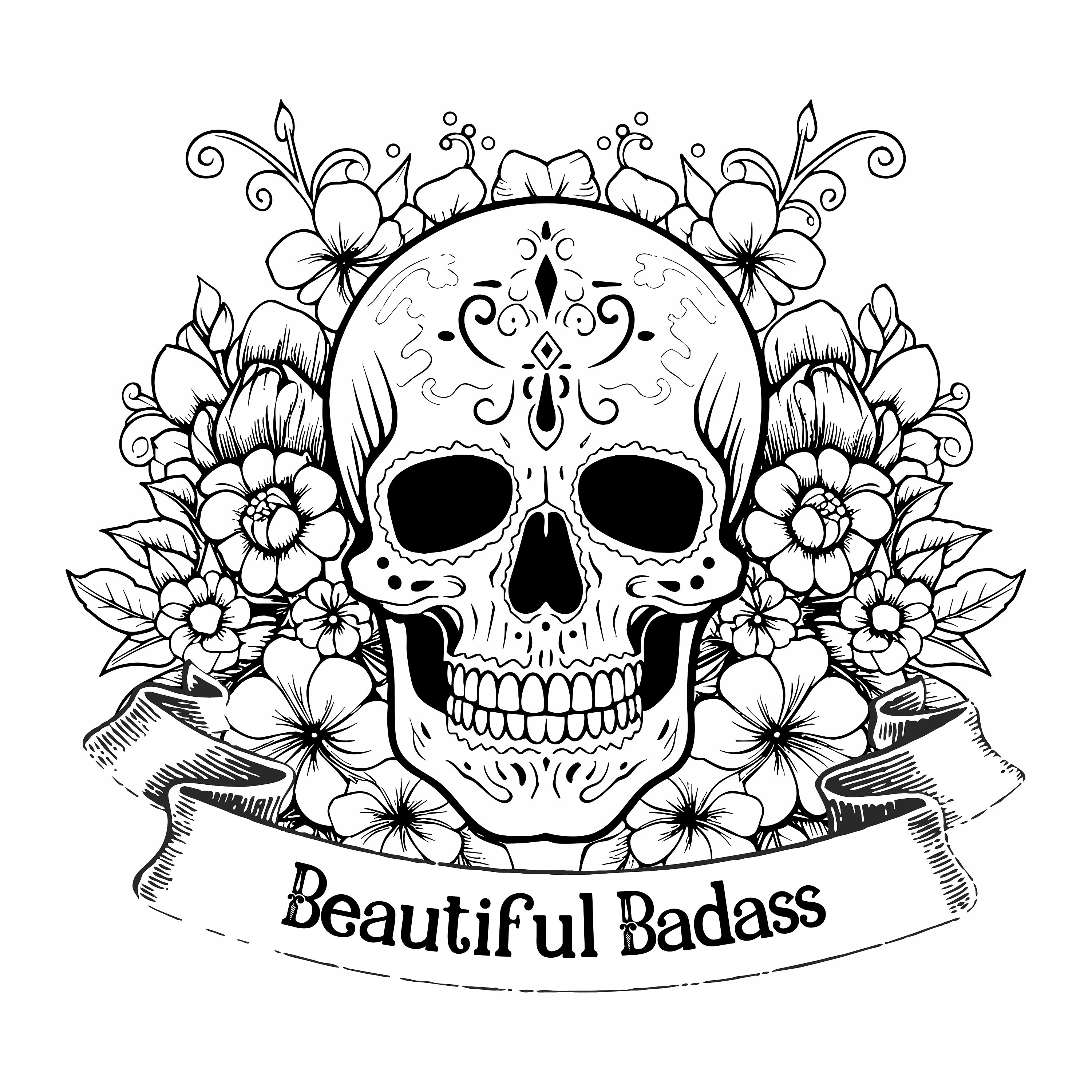 Beautiful Badass Skull and Flowers - Digital - Etsy
