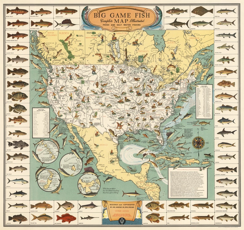 1936 Big Game Fish, Complete Map Illustrated, Fresh and Saltwater ...