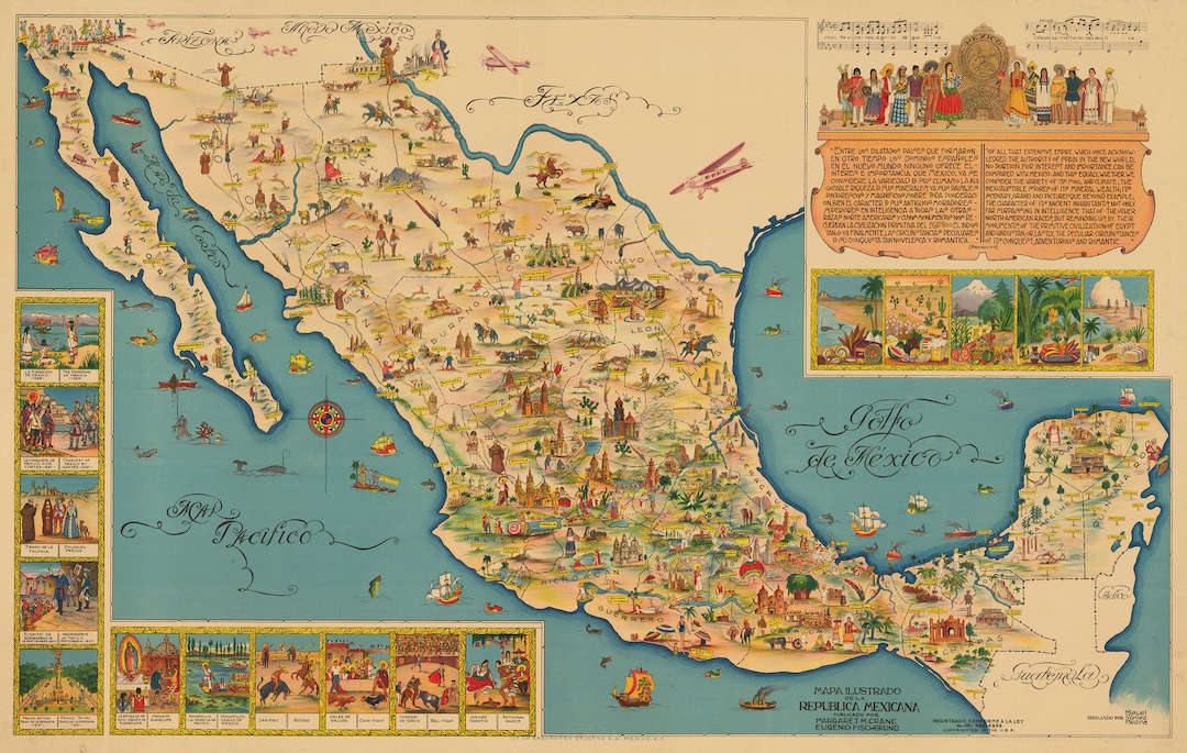 Illustrated Map of the Republic of Mexico, Vintage Pictorial Map ...