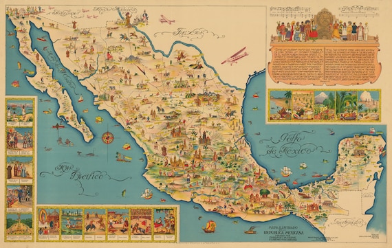 Illustrated Map of the Republic of Mexico Vintage Pictorial - Etsy