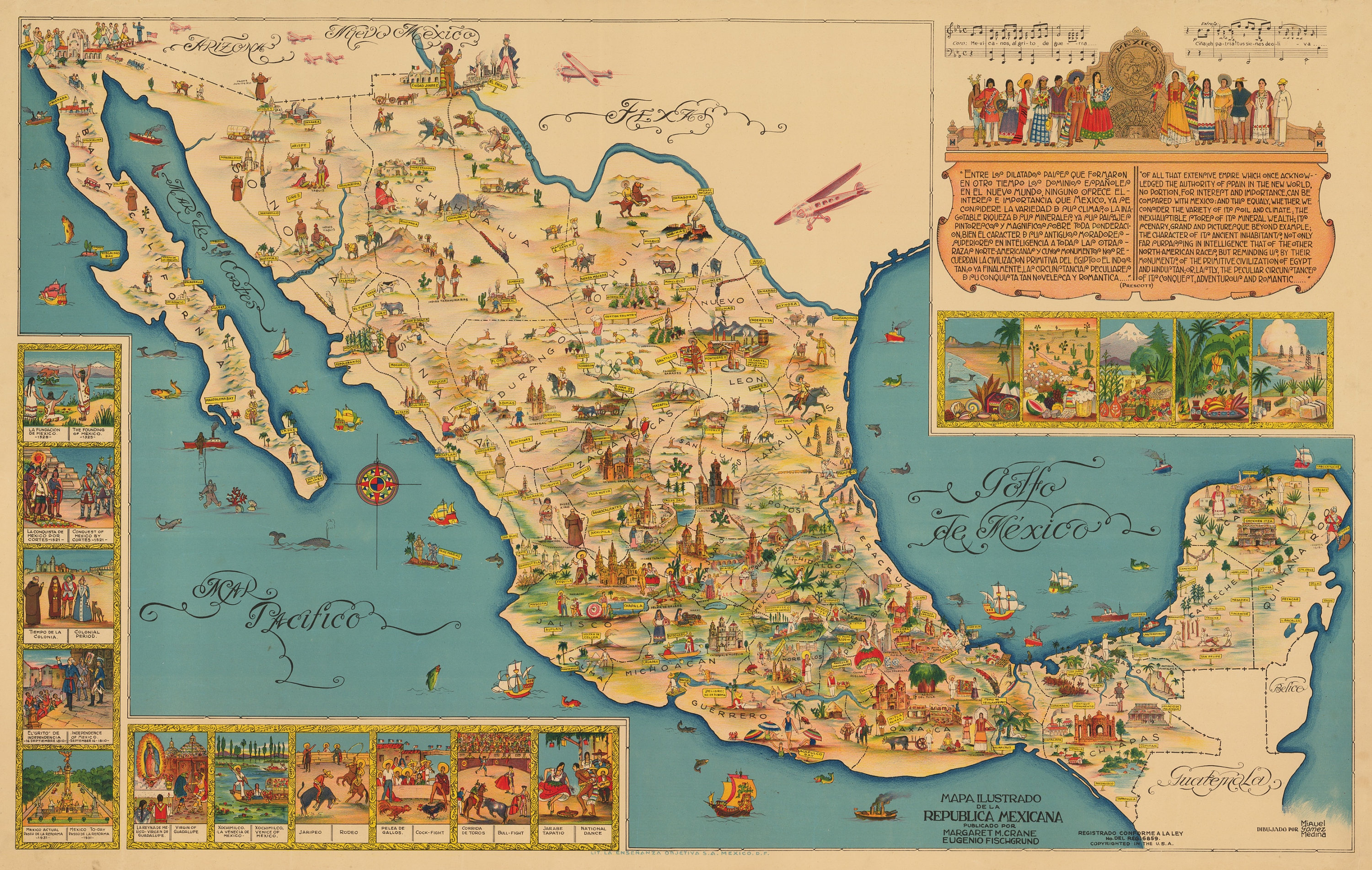 Illustrated Map of the Republic of Mexico, Vintage Pictorial Map ...