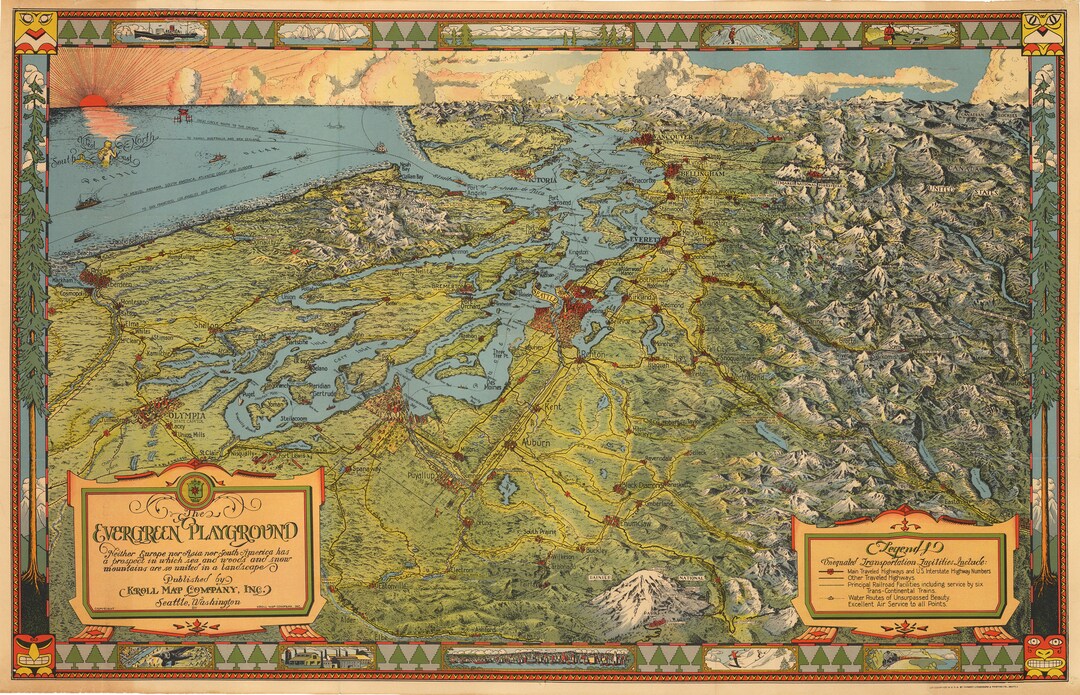 Vintage Map of the Evergreen Playground, Olympia, Tacoma, Seattle ...