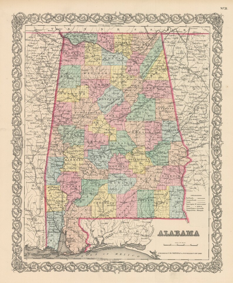 1856 Map of Alabama - Etsy
