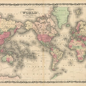 1861 Johnson's Map of the World on Mercator's - Etsy