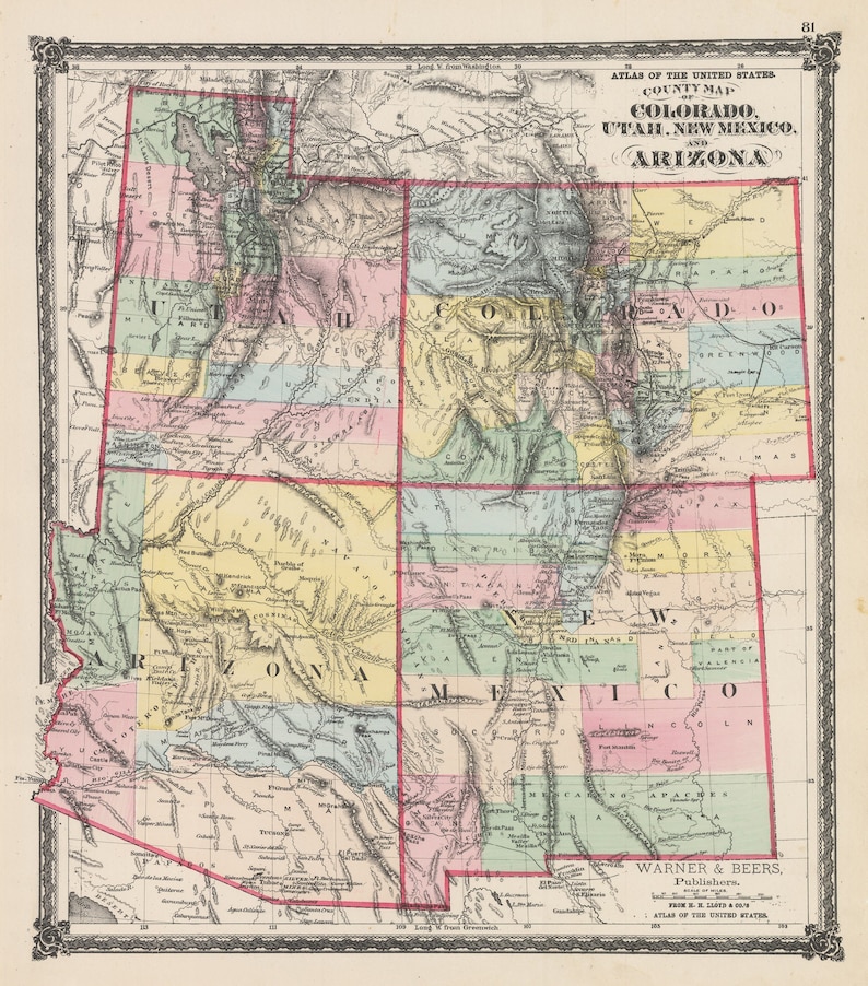 1875 County Map of Colorado, Utah, New Mexico, and Arizona - Etsy