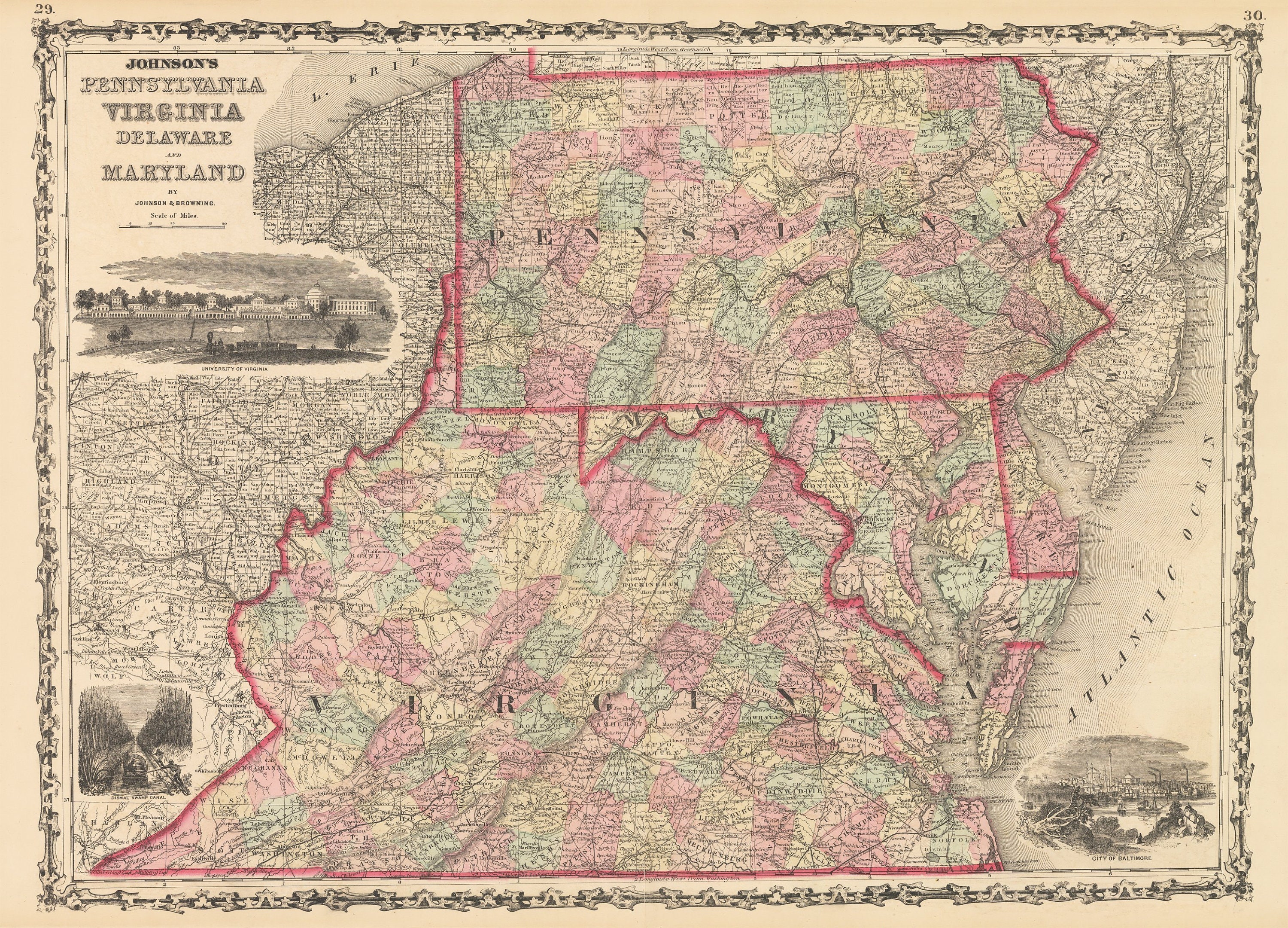 1861 Johnson's Map of Pennsylvania Virginia Delaware and Maryland - Etsy