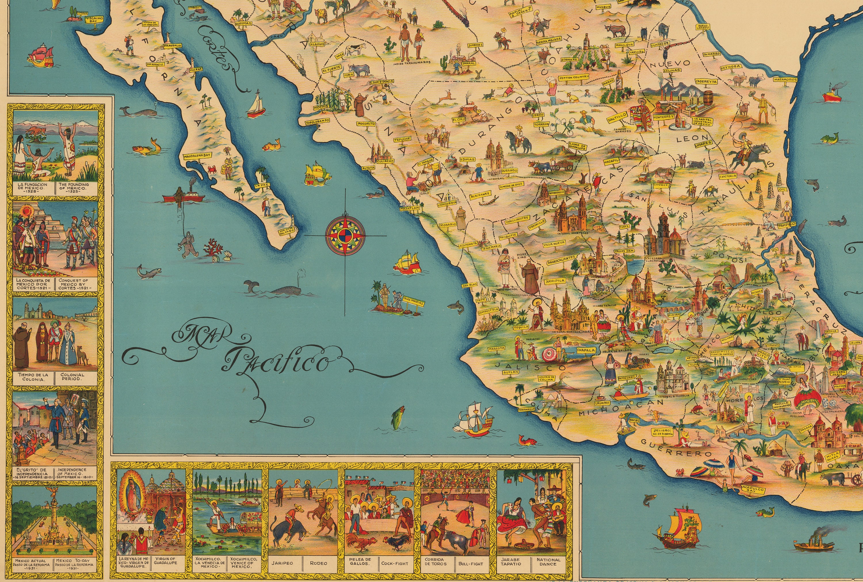 Illustrated Map of the Republic of Mexico, Vintage Pictorial Map ...