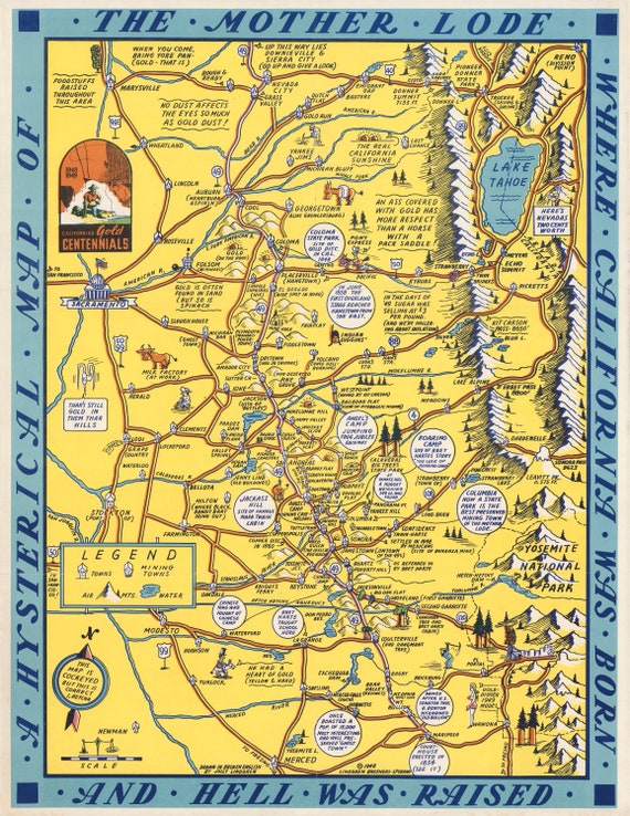 1948 A Hysterical Map of the Mother Lode I California Gold | Etsy