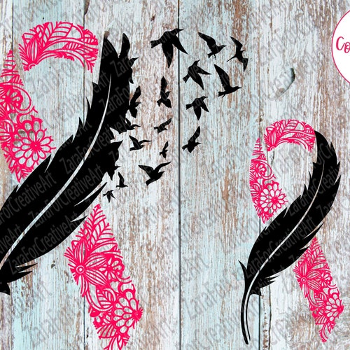 Breast Cancer Zentangle Svg Ribbon Feather and Birds SVG - Etsy