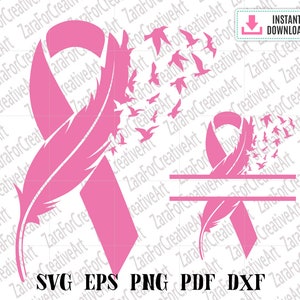 Breast Cancer Svg Split Svg Ribbon Feather and Birds SVG Breast Cancer ...