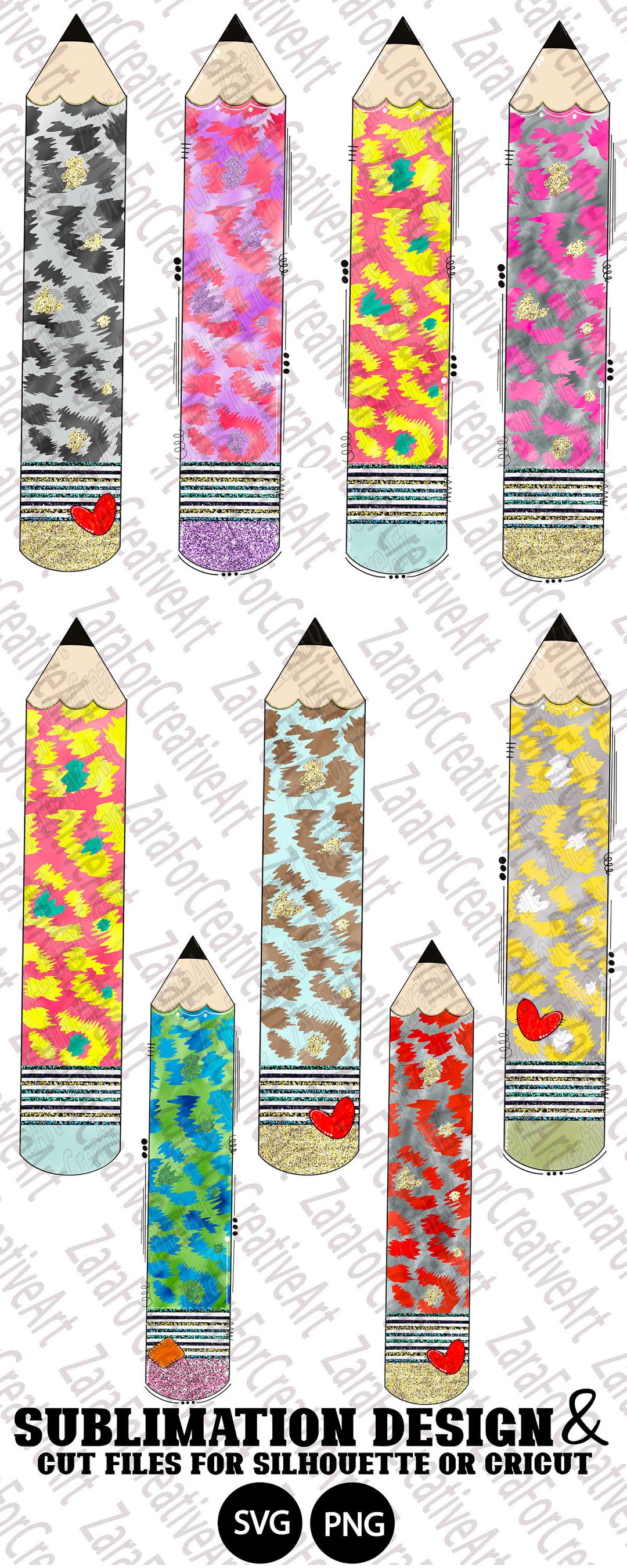 40 Pencil Bundle SVG PNG Sublimation Leopard Doodle Teacher School Svg ...