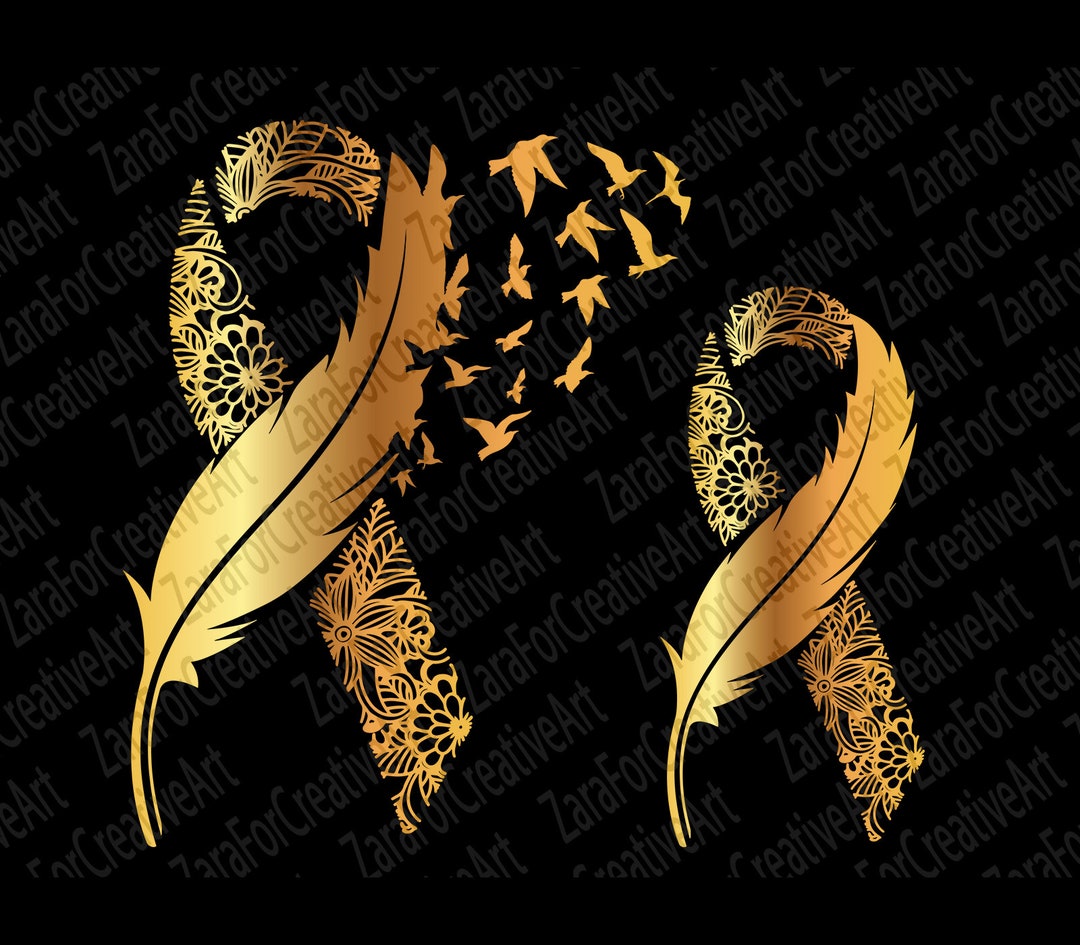 Childhood Cancer Svg Gold Ribbon Feather and Birds SVG Childhood Cancer ...