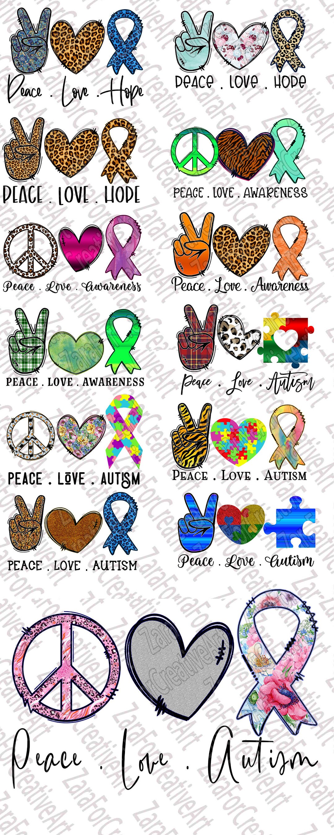 Autism Awareness 30 Design PNG SVG Sublimation Peace Love Cure Fight ...