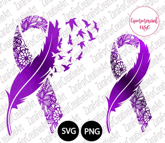 Ribbon Feather and Birds SVG Purple Cancer Awareness SVG PNG - Etsy