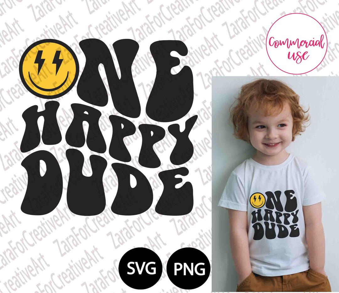 One Happy Dude PNG SVG, First Birthday SVG, Retro Wavy Text, Happy Face ...