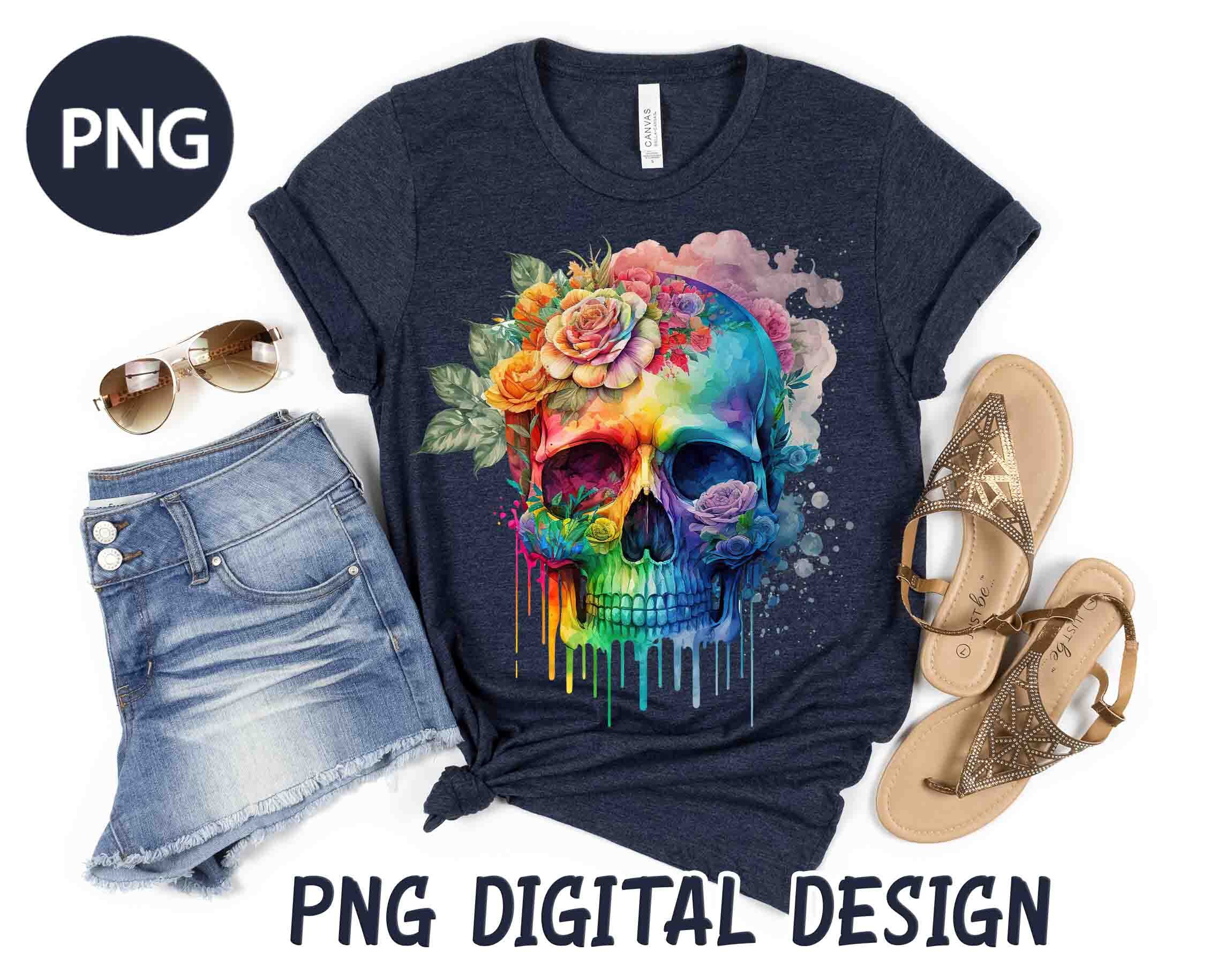 Colorful Skull Watercolor PNG Sublimation Skull With Roses - Etsy