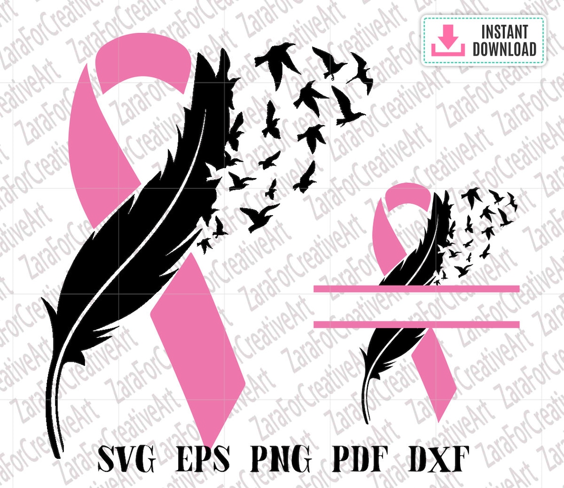 Breast Cancer Svg Split Svg Ribbon Feather and Bird SVG Breast Cancer ...
