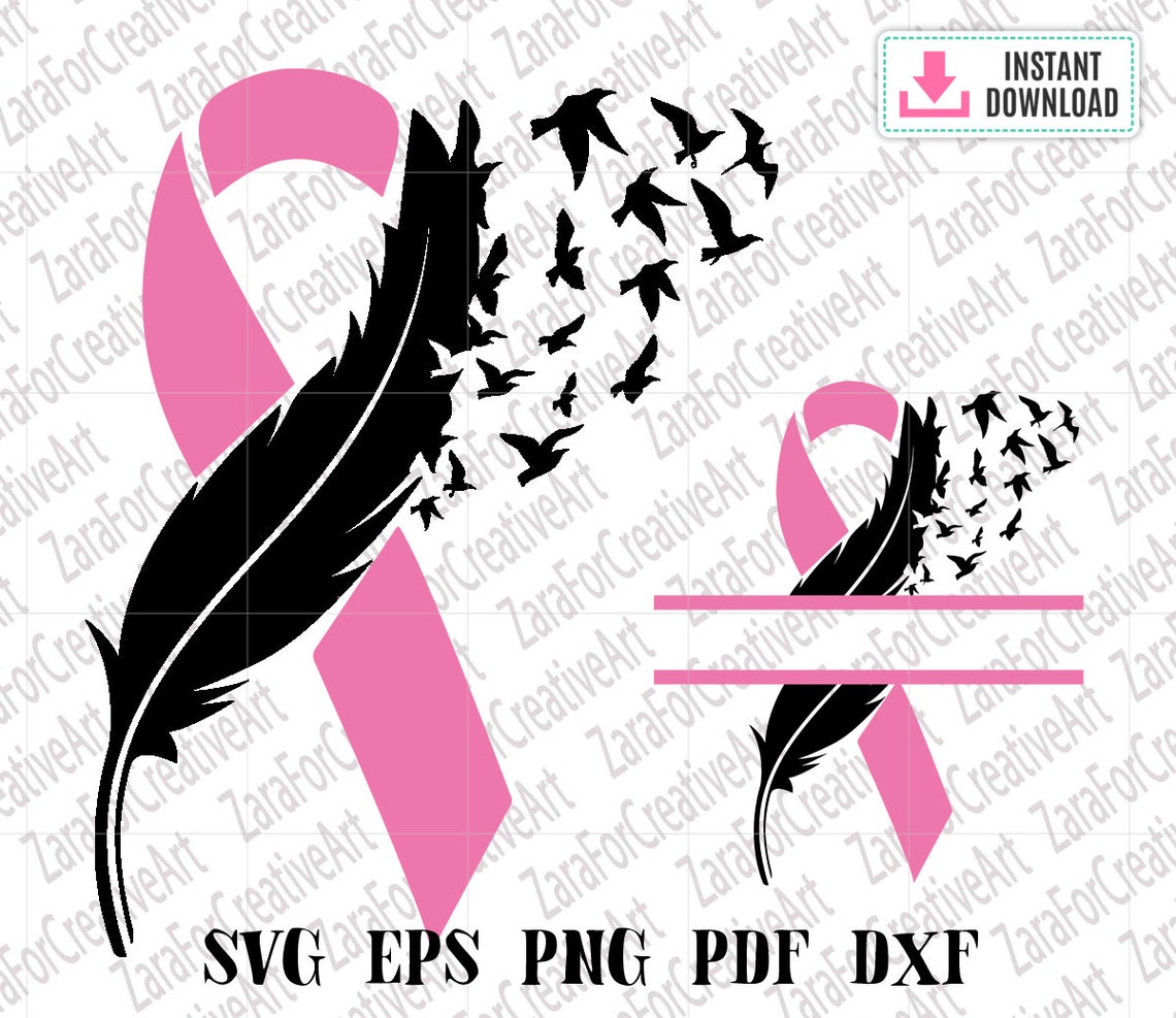 Breast Cancer Svg Split Svg Ribbon Feather and Birds SVG - Etsy