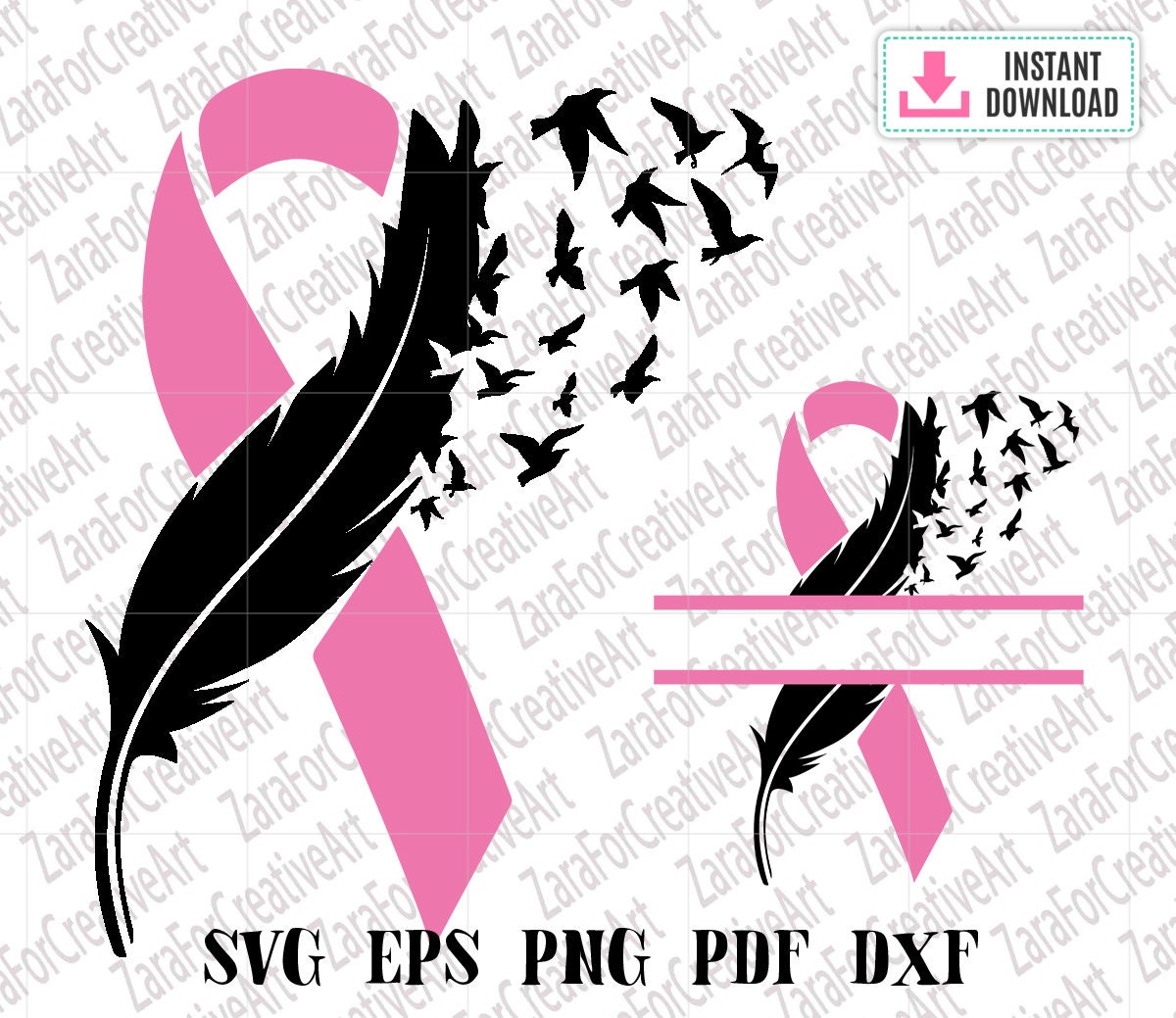 Breast cancer svg split svg Ribbon Feather and Birds SVG | Etsy