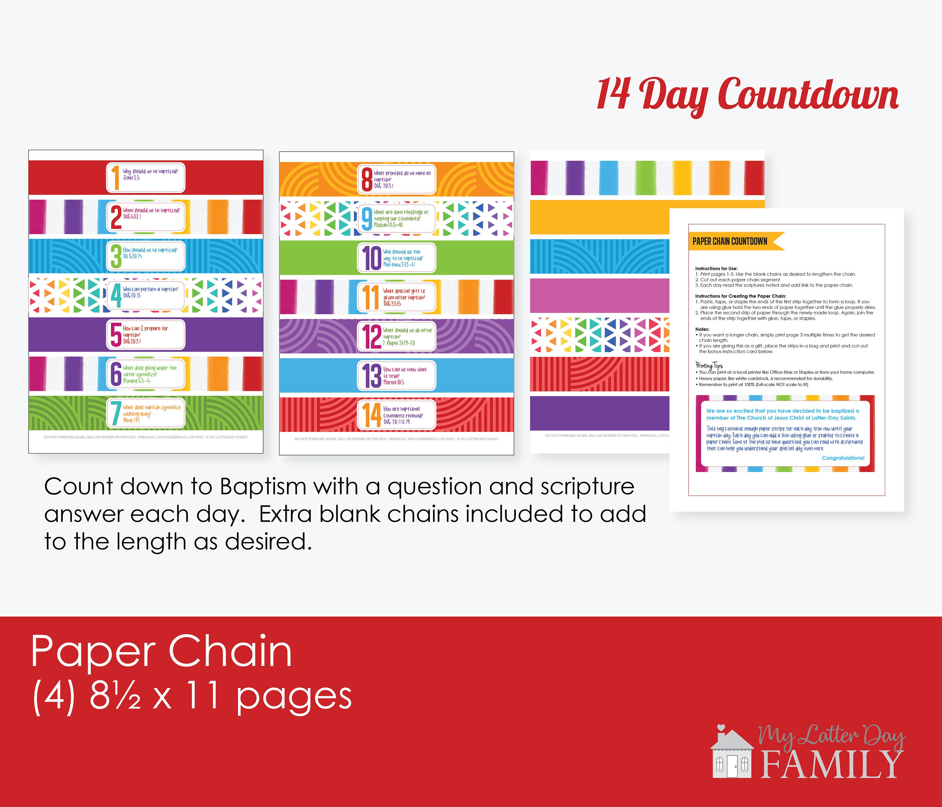 Printable Baptism Paper Chain Countdown, 14 Day Countdown Baptism Prep ...