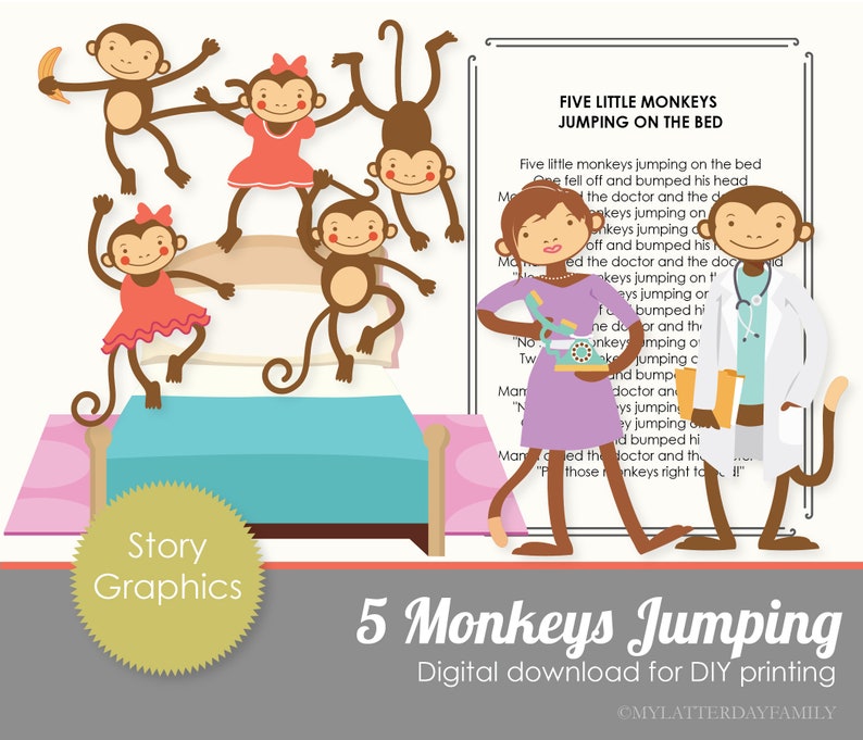 Five Little Monkeys Jumping on the Bed Story Graphics for Story Time ...
